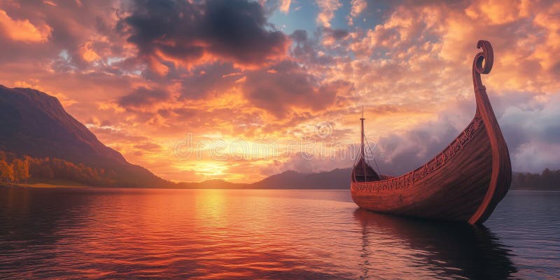 Viking Ship at Sunset on Tranquil Lake with Dramatic Clouds and ...