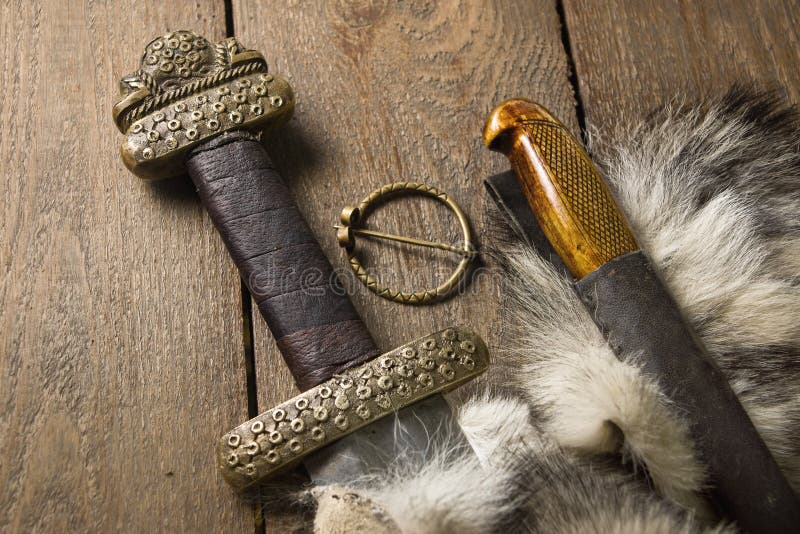 Viking Sword and Knife on a Fur Stock Image - Image of objects, metal ...