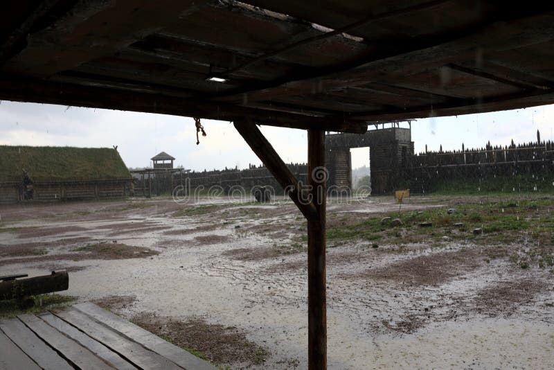 Viking village in rain stock image. Image of fort, palisade - 197134021