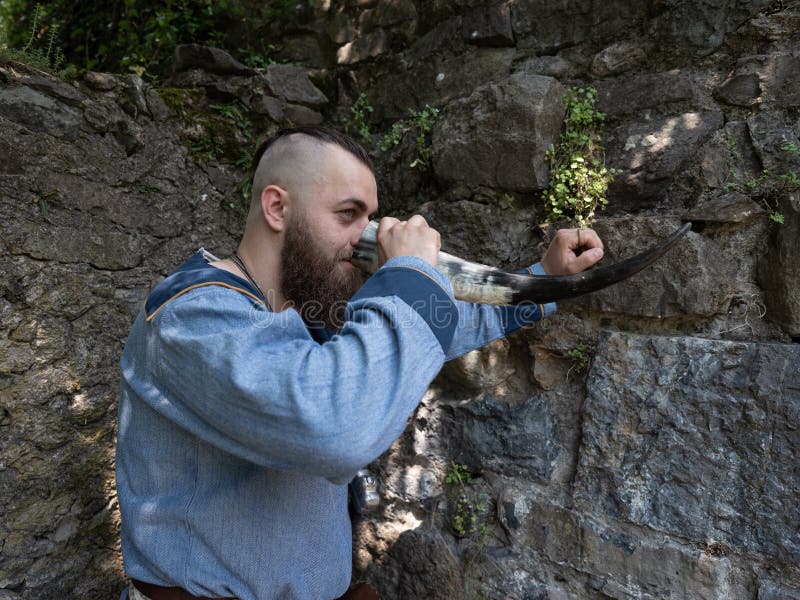 A Viking Warrior Drinks Cider from a Horn Stock Photo - Image of ...
