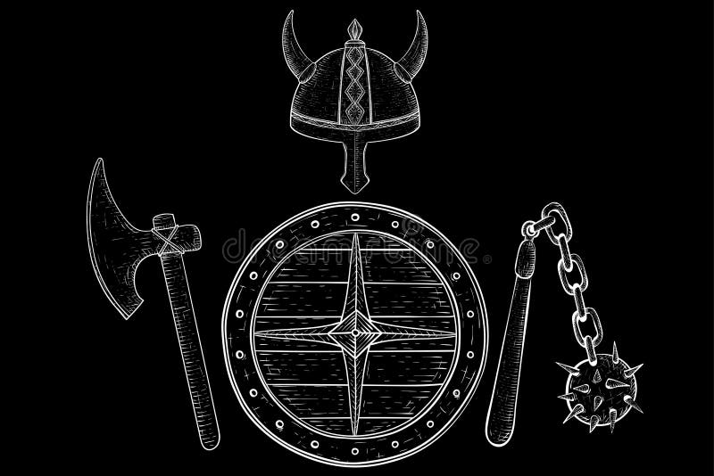Viking Warrior Set Shield Swords And Horned Helmet Hand Drawn Sketch Stock Vector
