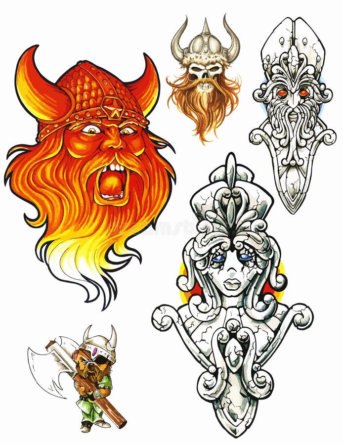 Viking Warrior Tattoo Flash Set. Set of Labels and Elements. Vector Set ...