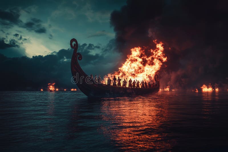 Viking Warriors are Battling on a Longship that is on Fire in the ...