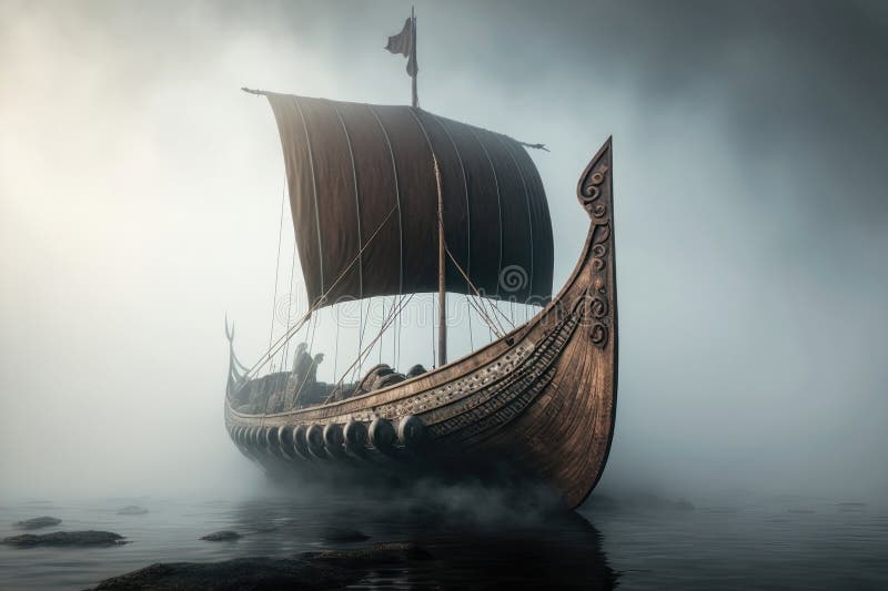 Vikings Boat in a Fog. AI Generation Stock Illustration - Illustration ...