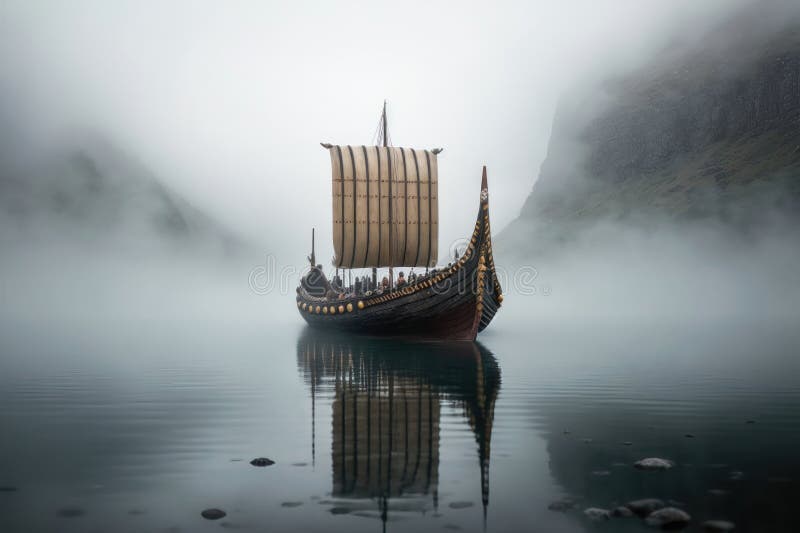 Vikings Boat in a Fog. AI Generation Stock Illustration - Illustration ...