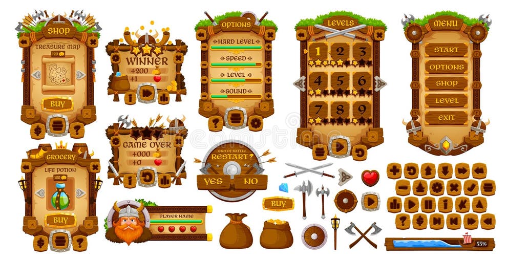 Vikings Game Interface Asset, GUI Buttons, Panels Stock Vector ...