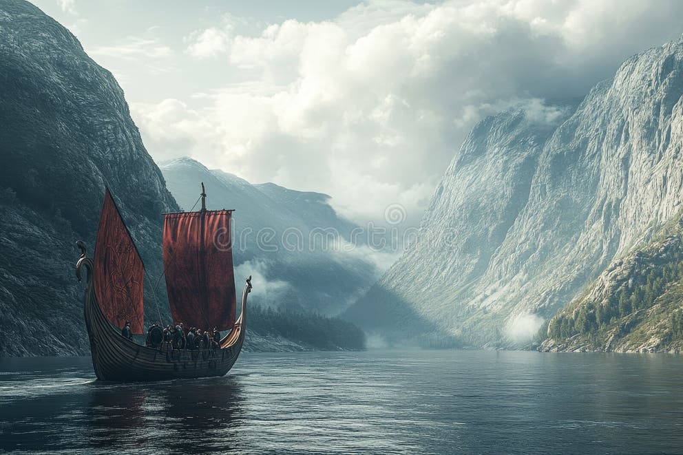 Vikings are Sailing on the Sea in a Drakkar, Set Against a Backdrop of ...