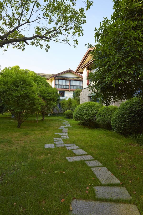 Villa and courtyard stock photo. Image of estate, trees - 93536536