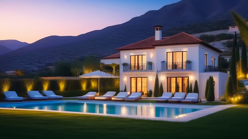 Villa in the Evening with Outdoor Pool in the Courtyard Stock Image ...