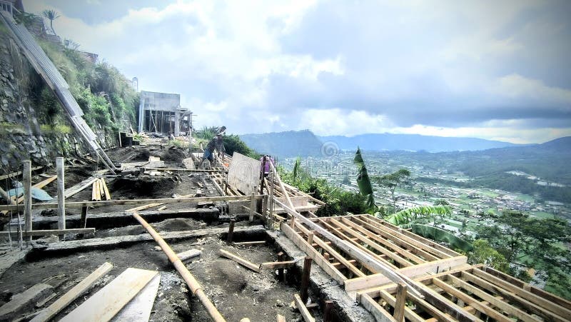 Villa Foundation Structure on Hillside with View of Mount Batur Valley ...