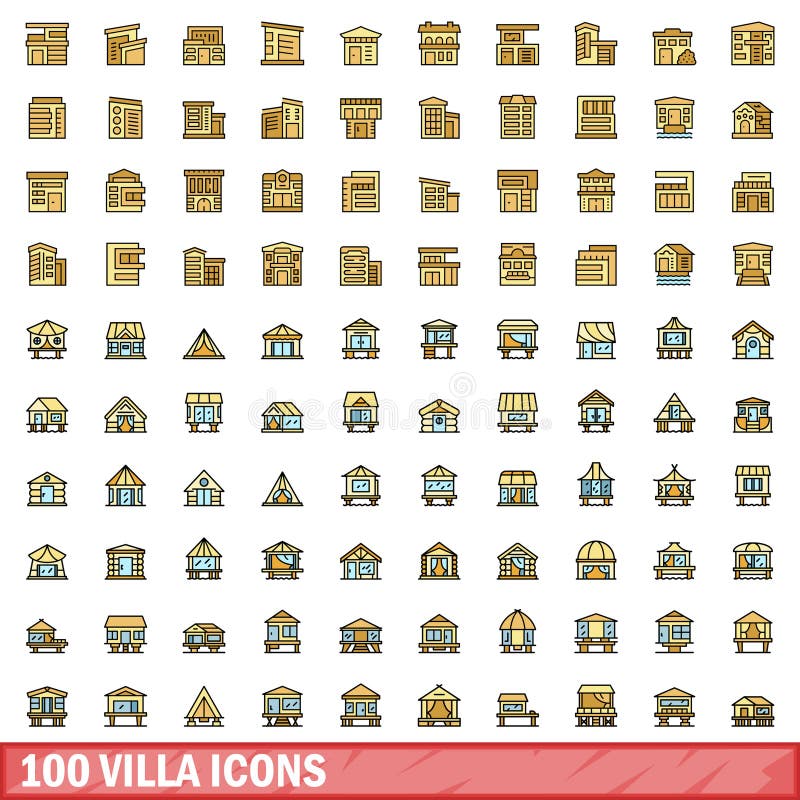 100 Villa Icons Set, Color Line Style Stock Vector - Illustration of ...