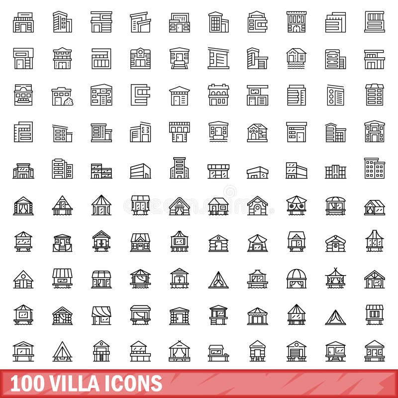 100 Villa Icons Set, Outline Style Stock Vector - Illustration of sign ...