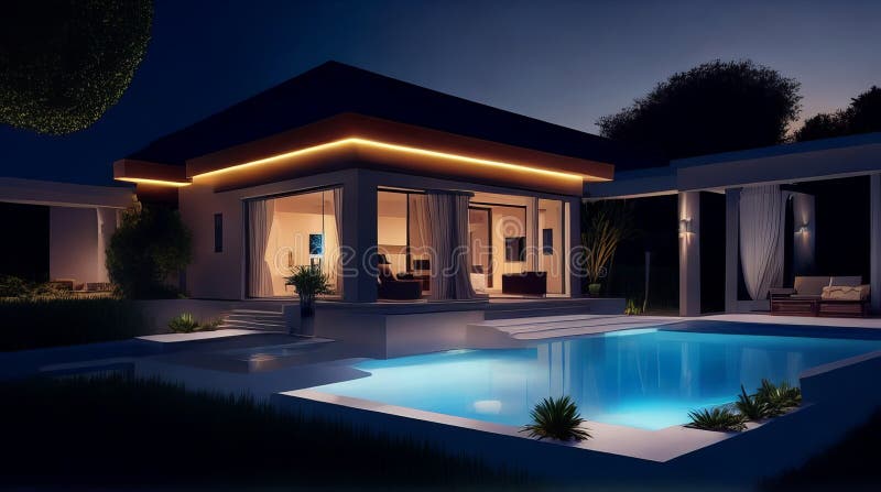 Villa at Night with a Tiny Pool. Stock Illustration - Illustration of ...