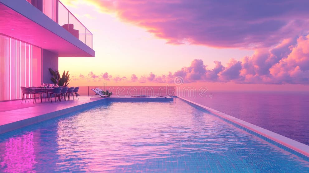 A Villa with Oceanfront Views at Sunset, Complete with an Infinity Pool and Pink Lighting ...