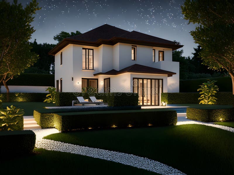 Villa, Palace in the Evening, House in the Night, Stock Image - Image ...