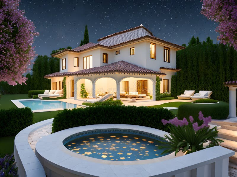 Villa, Palace in the Evening, House in the Night, Stock Illustration ...