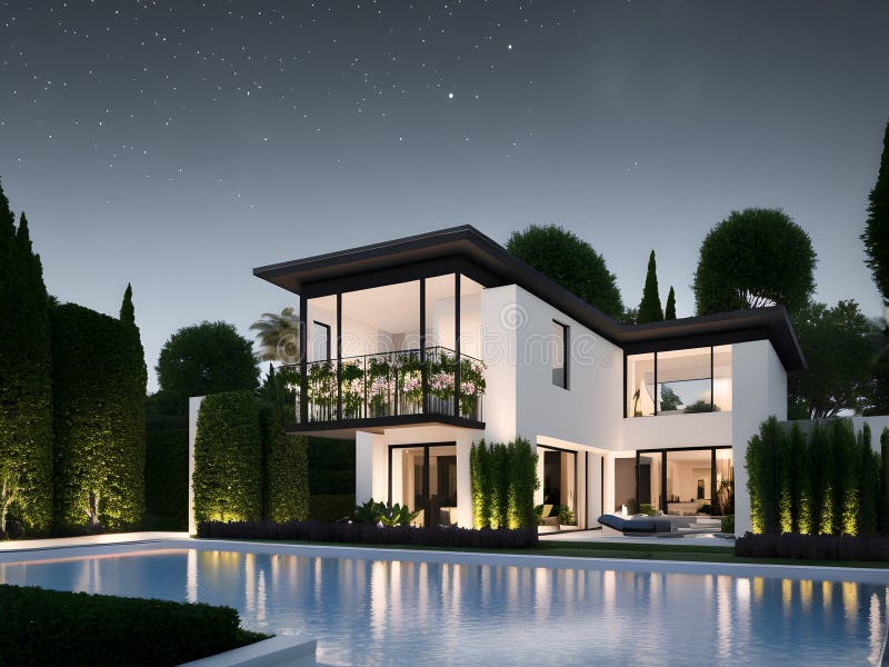 Villa, Palace in the Evening, House in the Night, Stock Illustration ...