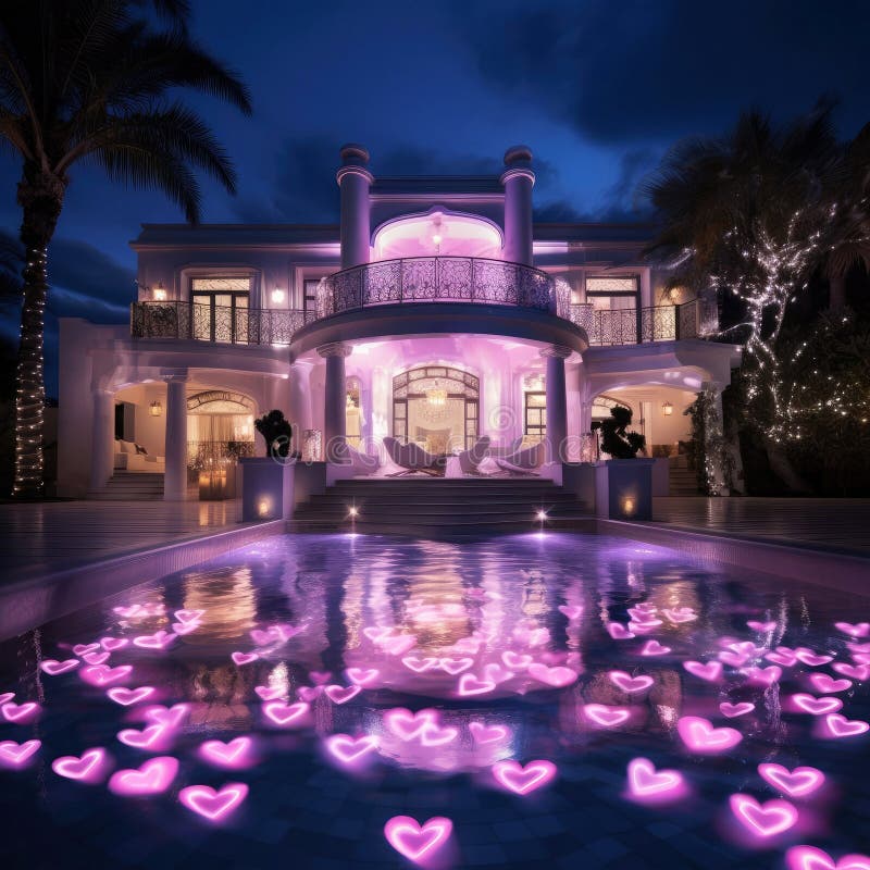 Villa with Pool at Night in a Romantic Setting Stock Illustration ...