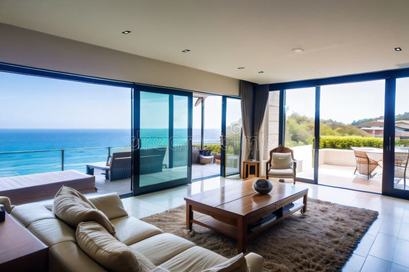 A Villa by the Sea and Viewing from Inside Stock Illustration ...