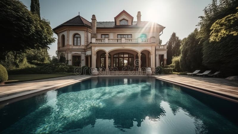Villa with Swimming Pool at Sunset. Luxury Villa Stock Illustration ...