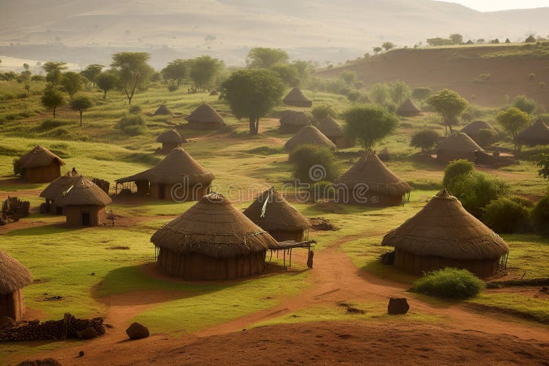 Village in the African Savannah. Generative AI Stock Illustration ...