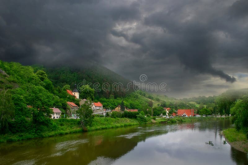 Village along the river. stock photo. Image of karlstejn - 1401684