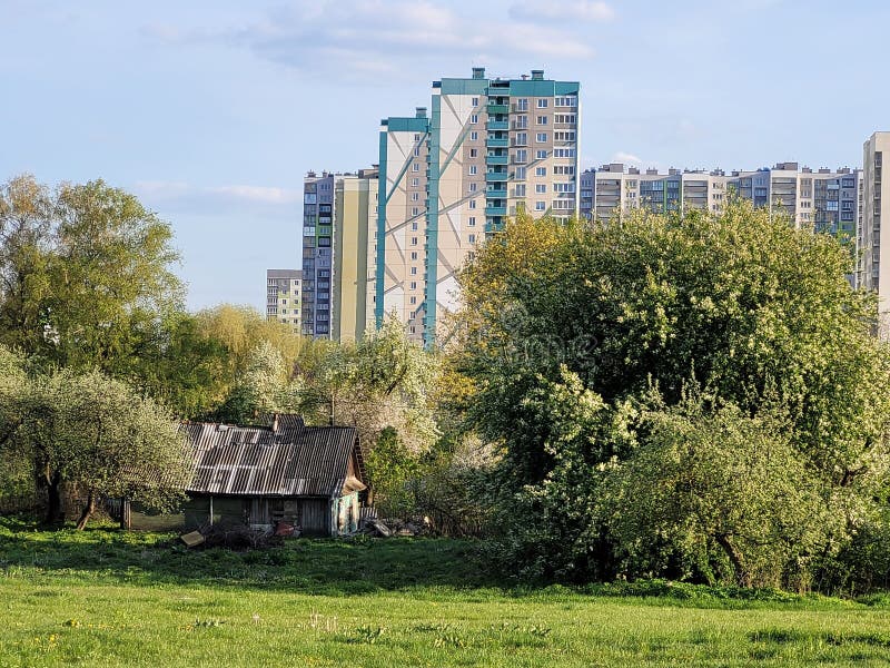 Village and City. Spring. Trees. Sky. Landscape. Village in the City ...