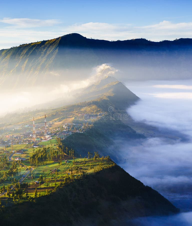 Village and Cliff at Bromo Volcano in Tengger Semeru, Java, Indonesia ...