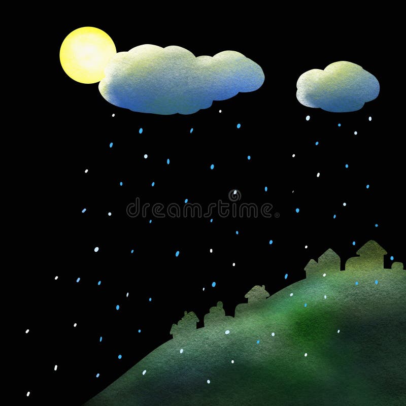 Village in Night Under the Moon and Rain Background Illustration Stock ...