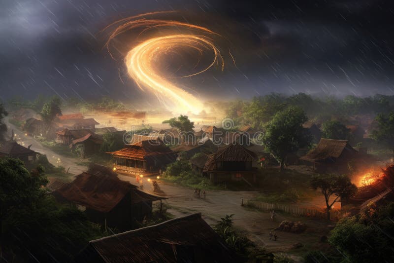 Village with Fire in the Night Stock Illustration - Illustration of ...