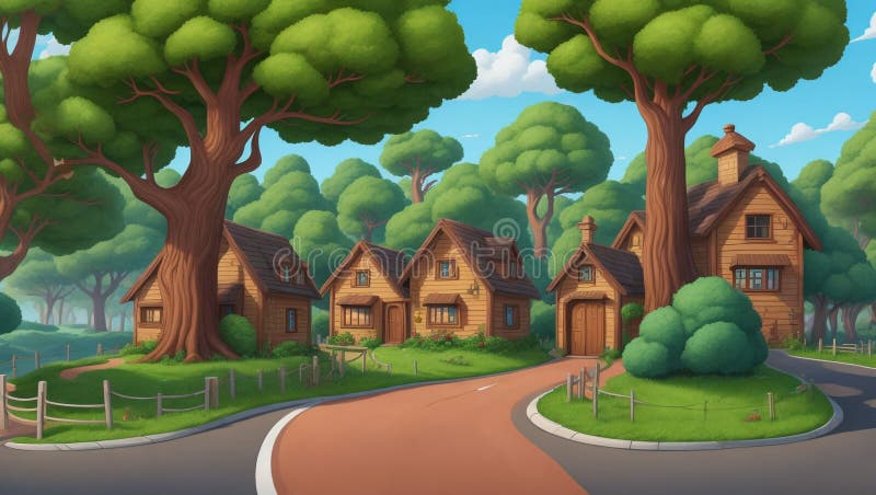Village Forest Cartoon Scene with Forest and Trees Background Stock ...