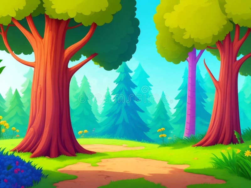 Village Forest Cartoon Scene with Forest and Trees Background Stock ...