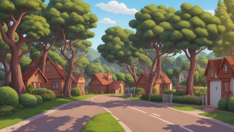 Village Forest Cartoon Scene with Forest and Trees Background Stock ...