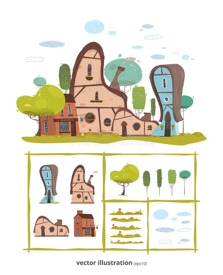 Village Houses and Natural Elements Creative Set Stock Vector ...