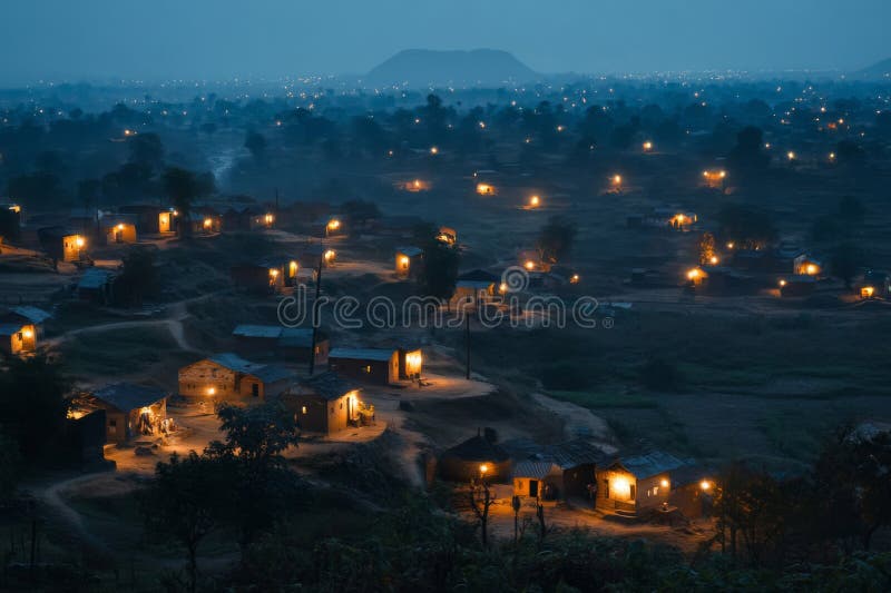A Village Illuminated at Night with Scattered Homes and Trees Stock ...