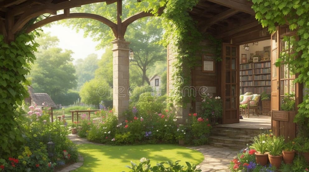 A Village Library with a Charming Garden View. Stock Illustration ...