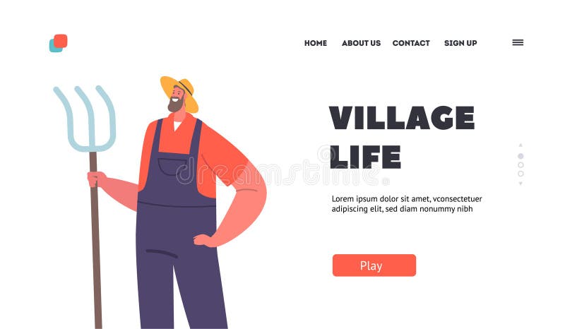 Village Life Landing Page Template Rancher Male Character Farmer Man