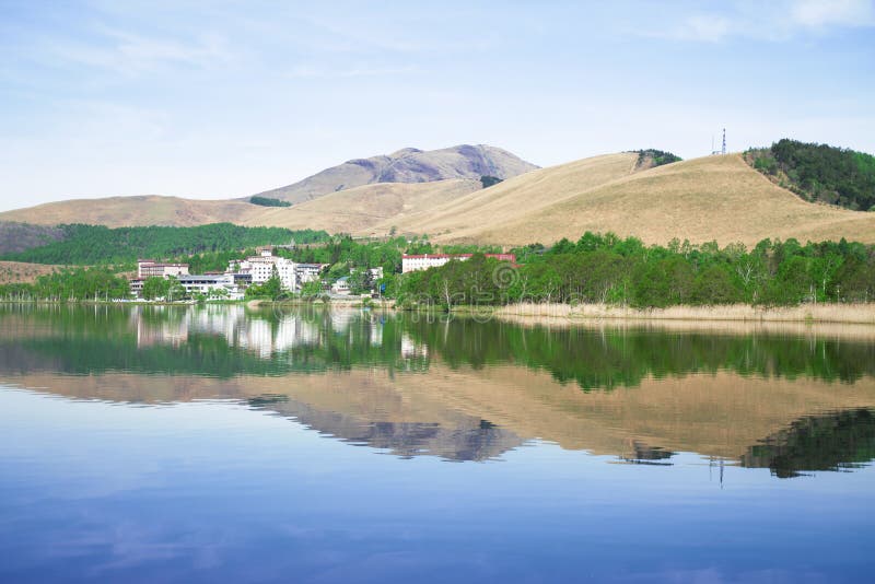 Village Near the River Near the Foothills Stock Photo - Image of bridge ...