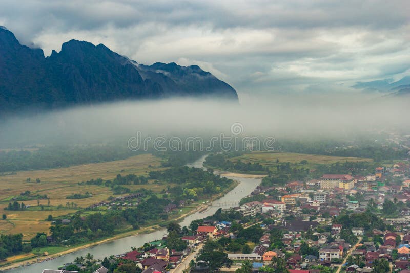Village Near River and Mountain with Mist Stock Photo - Image of ...