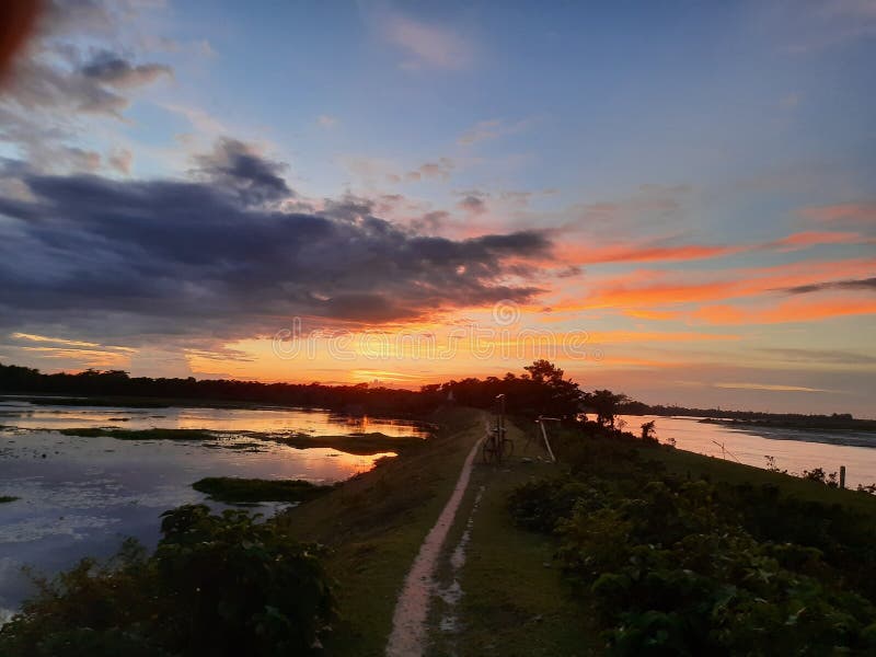 A Village Path,both Side Water Pool, Sun Set Stock Image - Image of ...