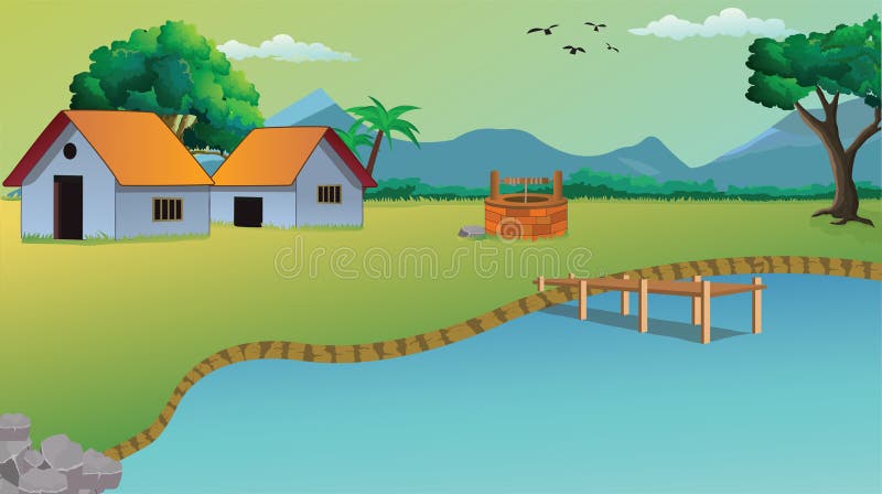Village Cartoon Background Illustration with Old Style Cottage, Lake ...