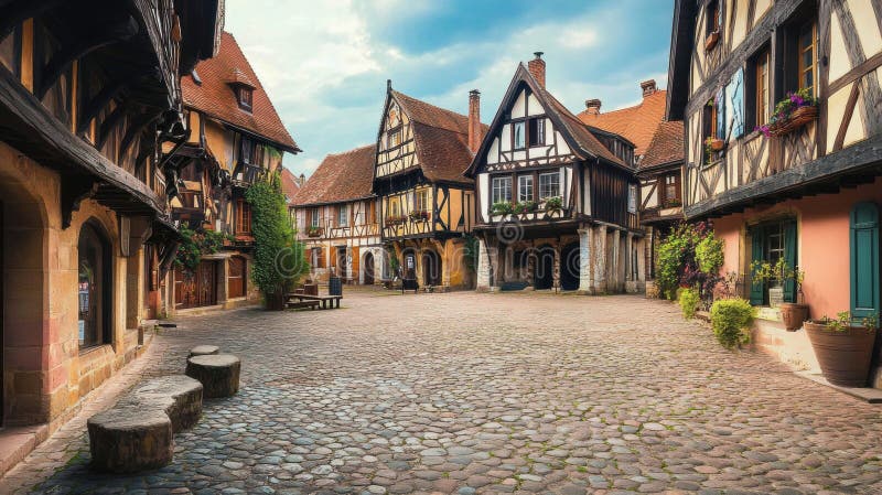 Village Square with Cobblestones and Timber-framed Medieval Houses ...