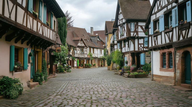 Village Square with Cobblestones and Timber-framed Medieval Houses ...