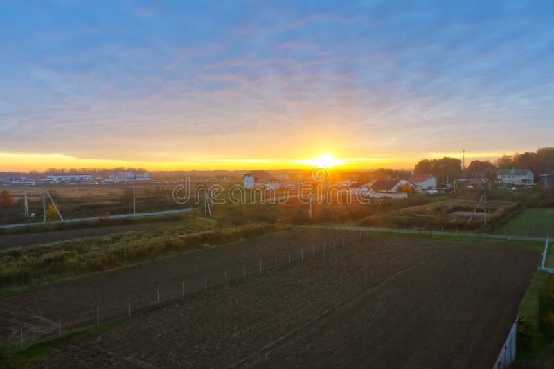 Village in the Sun, Sunset Over the Fields Stock Photo - Image of farm ...
