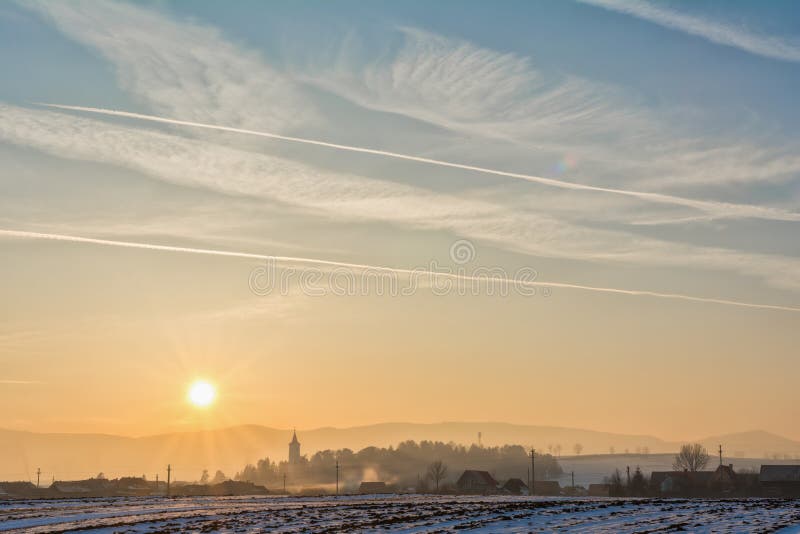 Village at sunset stock image. Image of north, houses - 52391349