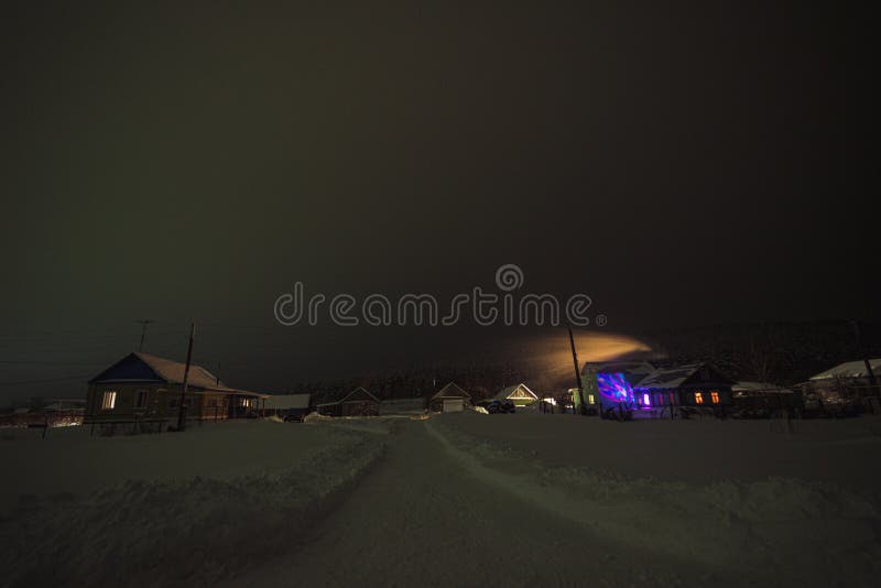 Village in Winter on a Dark Night Stock Image - Image of sunrise ...