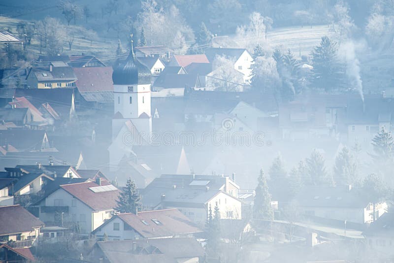 Village in winter fog stock image. Image of nature, crystals - 35994759
