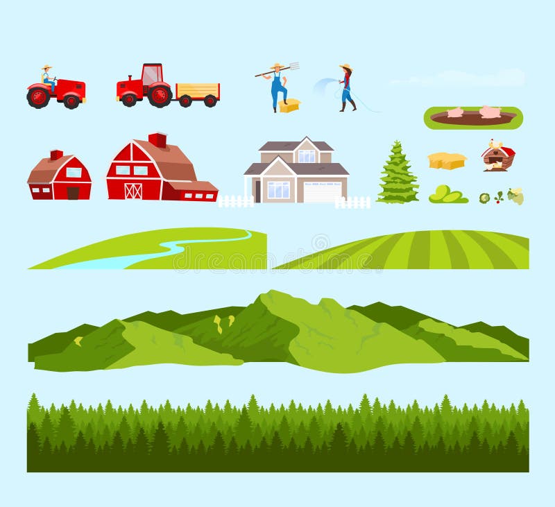 Village Workers and Fields Cartoon Vector Objects Set Stock Vector ...