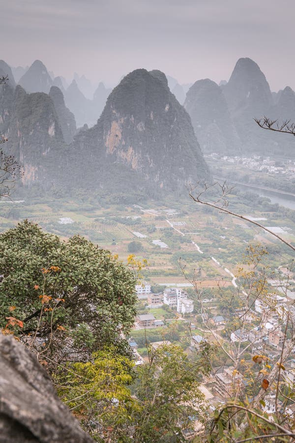 The Village of Xingping and Mountains from a Bird S Eye View. China ...