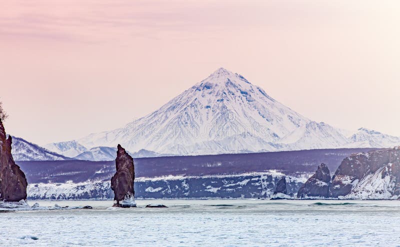 Vilyuchinsky Volcano and Avacha Bay in Winter on Kamchatka Peninsula ...